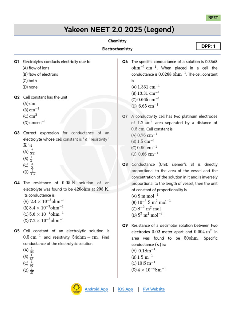 Electrochemistry _ DPP 01 __ Yakeen NEET 2.0 2025 (Legend) | PDF ...