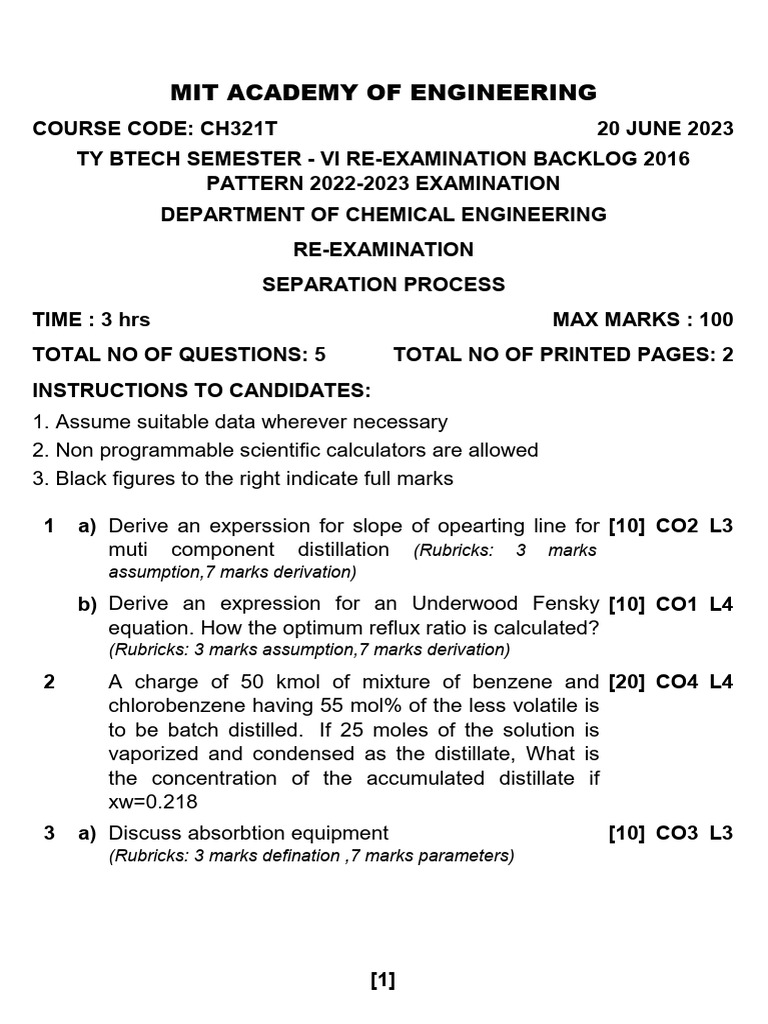 TY-Btech - CH - Separation Process - SEM - VI - JUN 2023 | PDF | Distillation | Adsorption