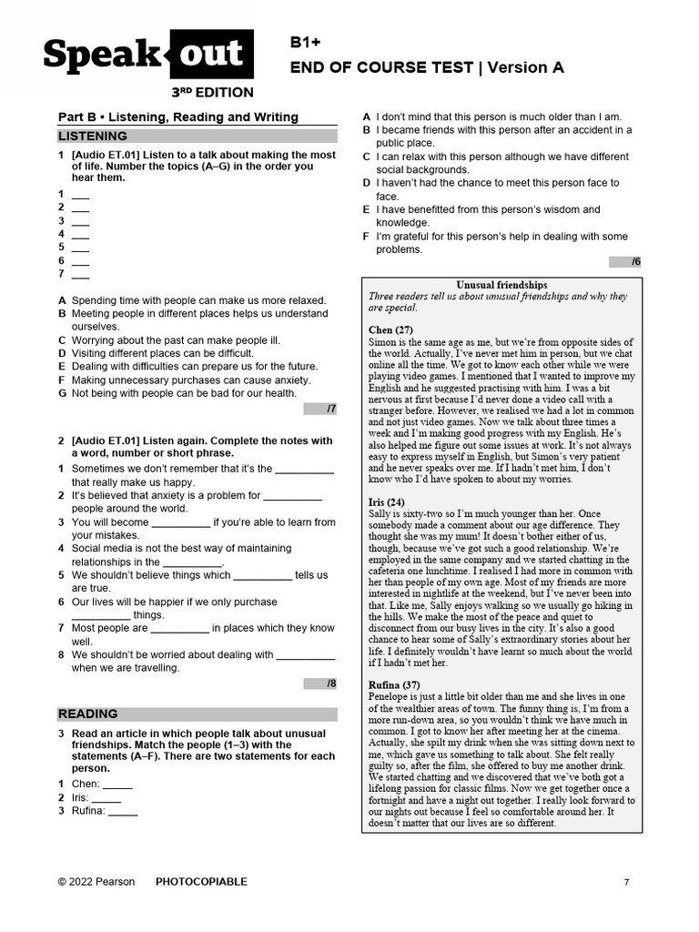 SpeakOut B1+ All Tests | PDF
