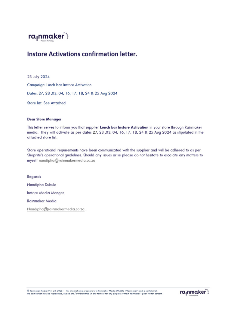 Lunch bar Rainmaker Media Stores Activations Letter- 20240723 | PDF