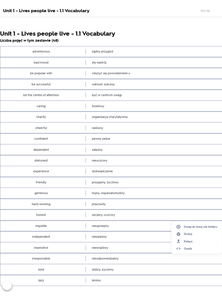 Fiszki_ Unit 1 - Lives people live - 1.1 Vocabulary _ Quizlet | PDF