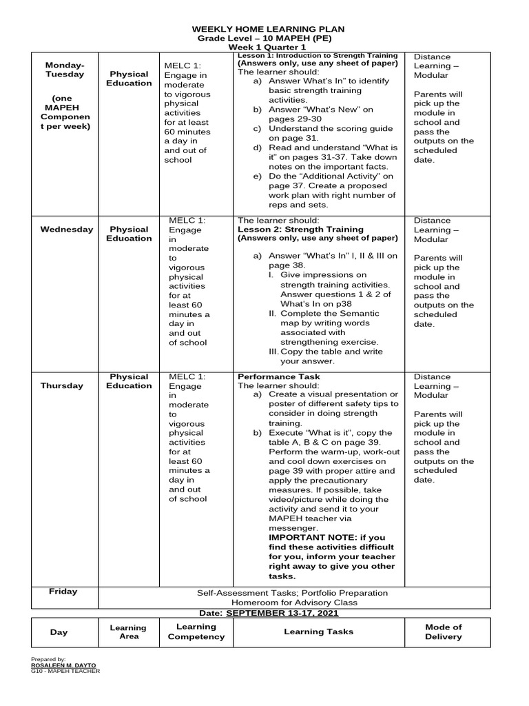 Grade 10 MAPEH Weekly Learning Plan | PDF | Learning | Cognition