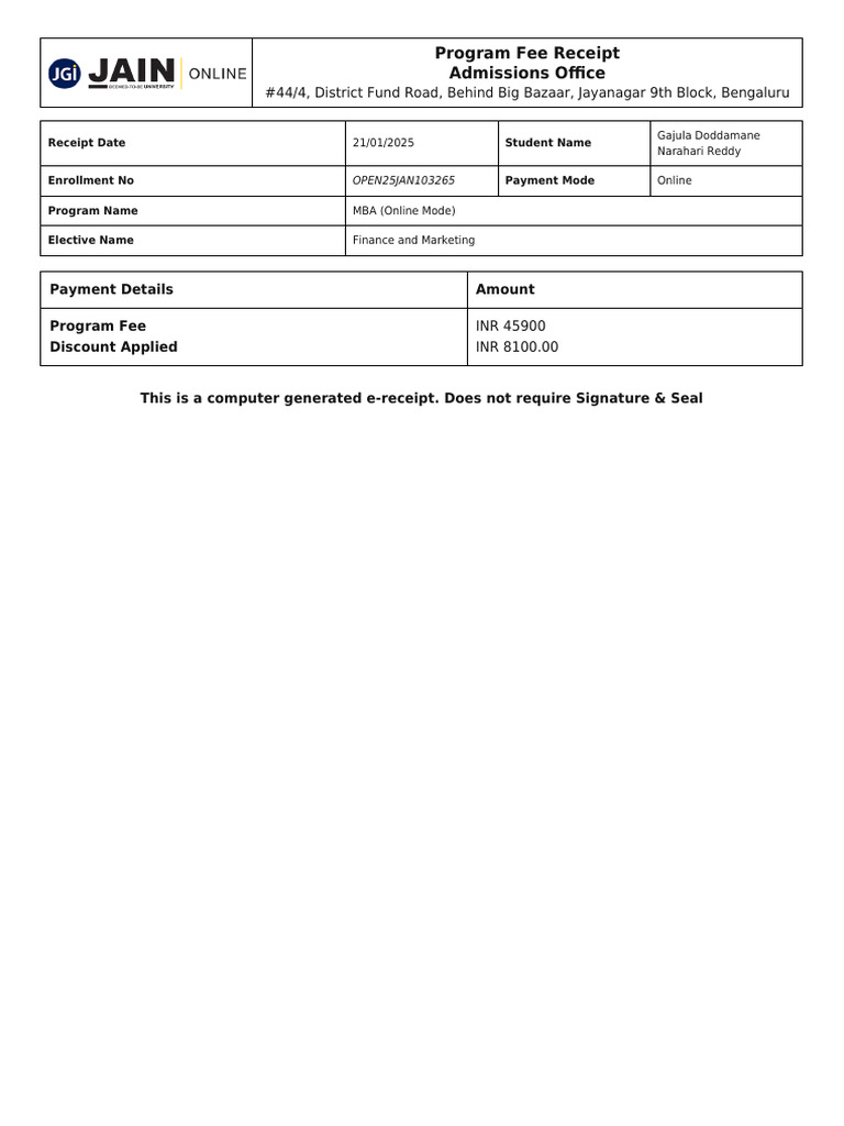 Narahari Program Fees Receipt OPEN25JAN103265 | PDF
