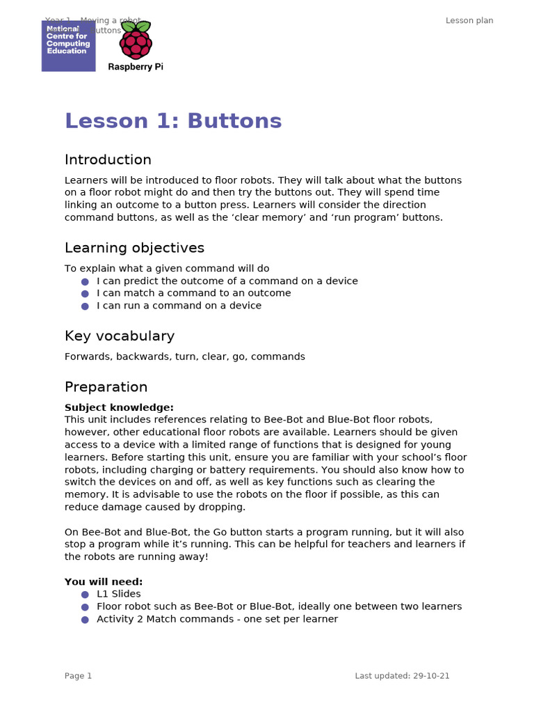 L1 Lesson Plan - Moving A Robot - Y1 | PDF | Behavior Modification | Mental Processes