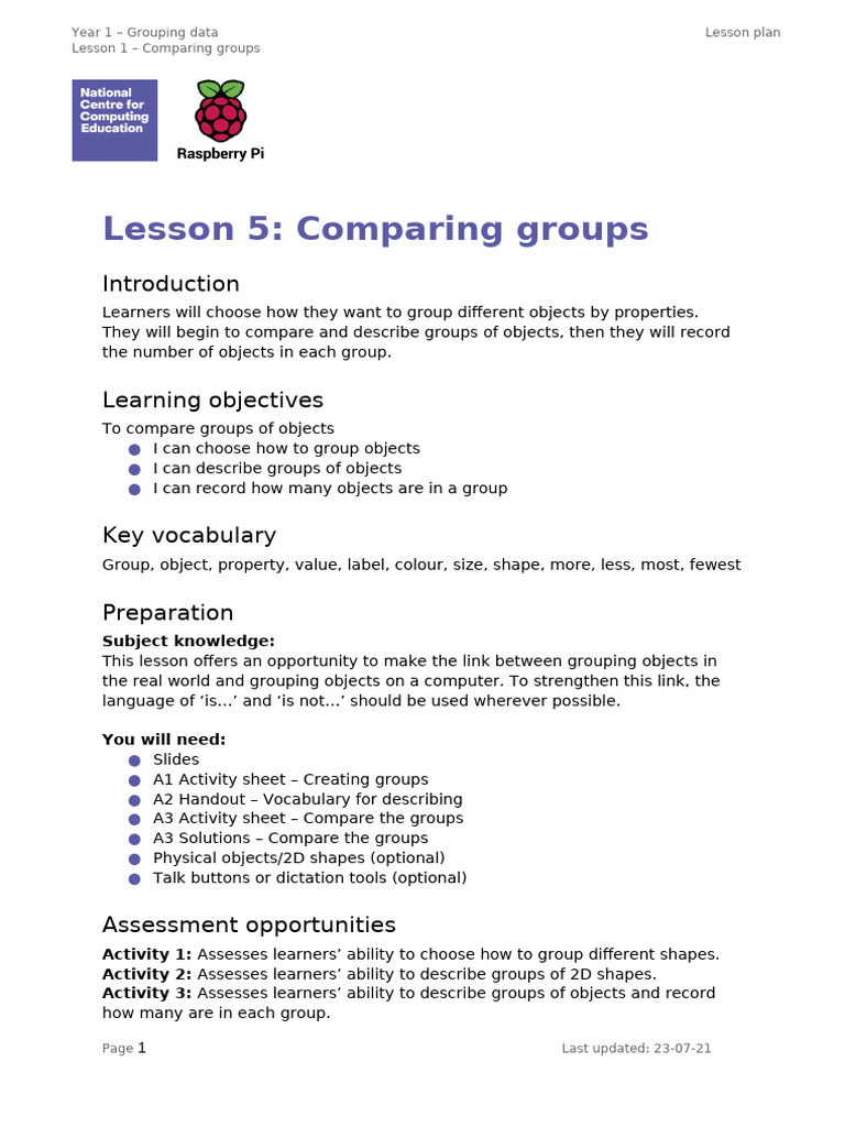 L5 Lesson plan - Grouping data - Y1 | PDF | Human Communication | Cognition