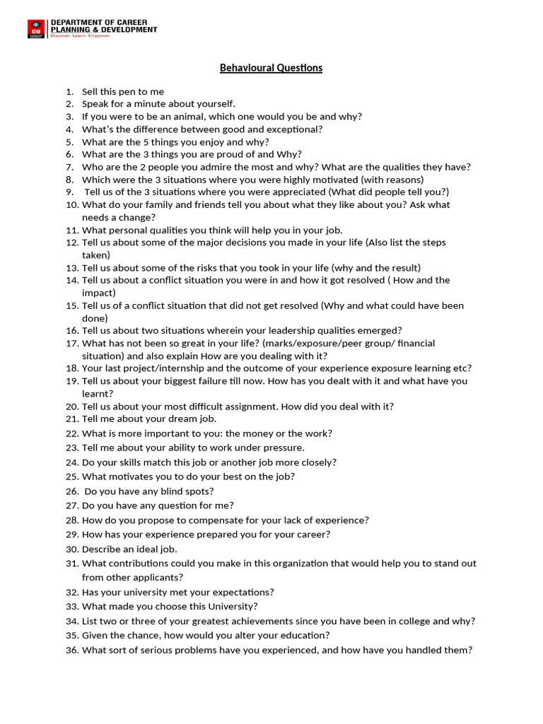 Behavioural Interview Questions | PDF | Behavior Modification | Cognitive Science