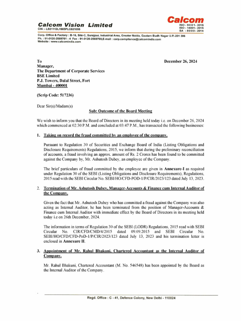 Calcom: Calcom Vision Limited ISO - 9004-2015 | PDF | Audit | Business