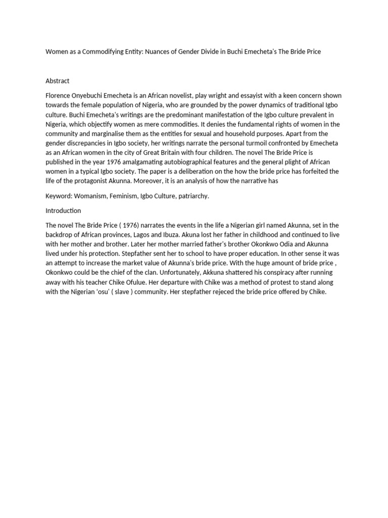 Bride Price and Gender in Emecheta's Work | PDF