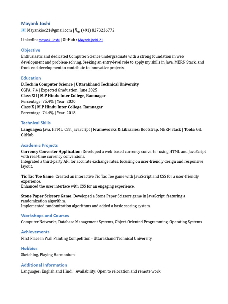Computer Science Resume: Mayank Joshi | PDF