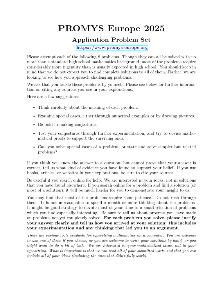 PROMYS Europe 2025 Application Problem Set - J25 | PDF | Conjecture ...
