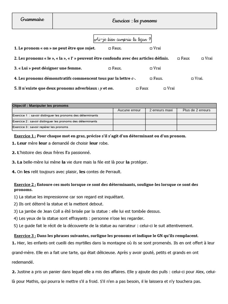 Exercices Pronoms | PDF | Pronom