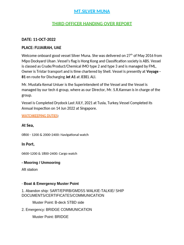 3rd Officer - Handing Over Notes | PDF | Ships | Water Transport