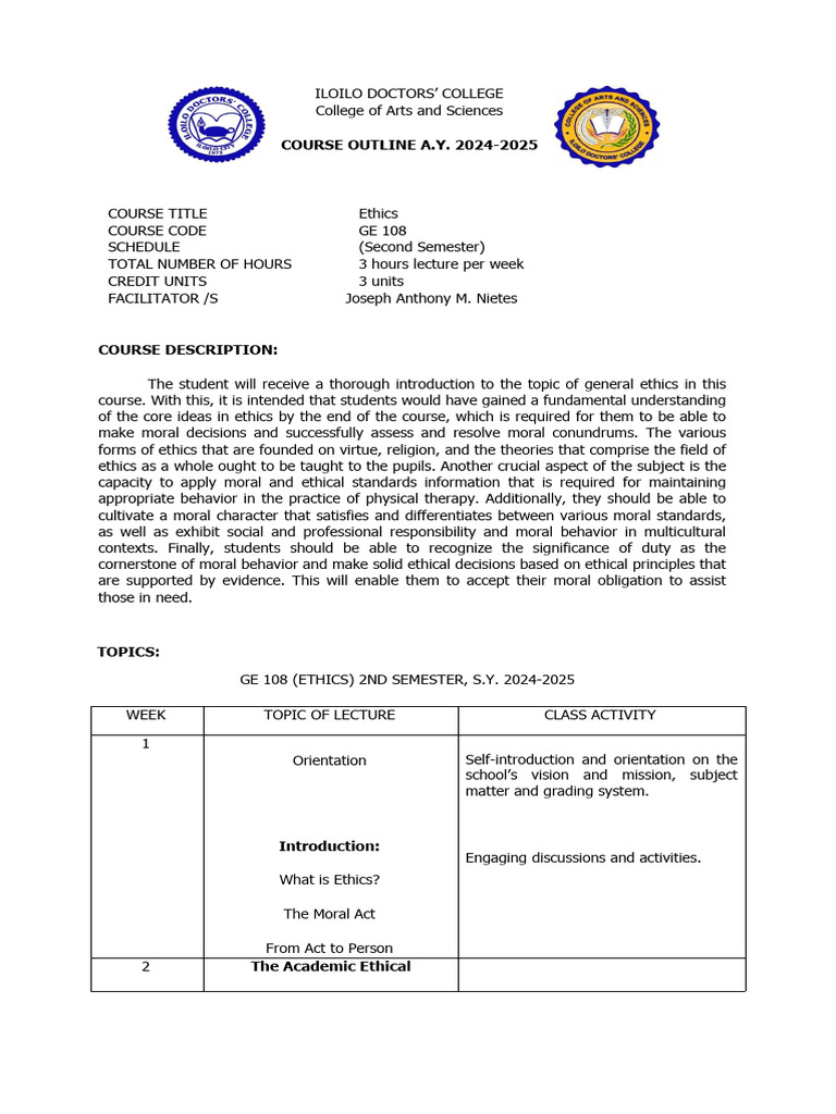 Ge 108 Course Outline | PDF | Virtue | Liberal Arts Education