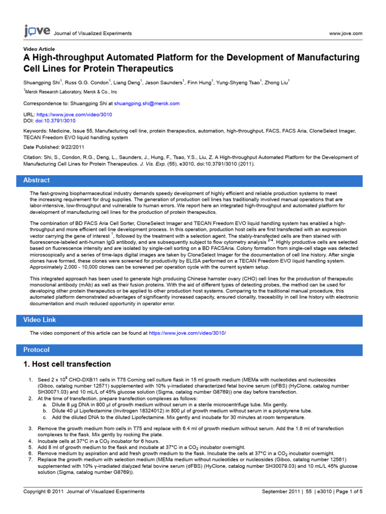 A High-Throughput Automated Platform For The Development of Manufacturing Cell Lines For Protein ...