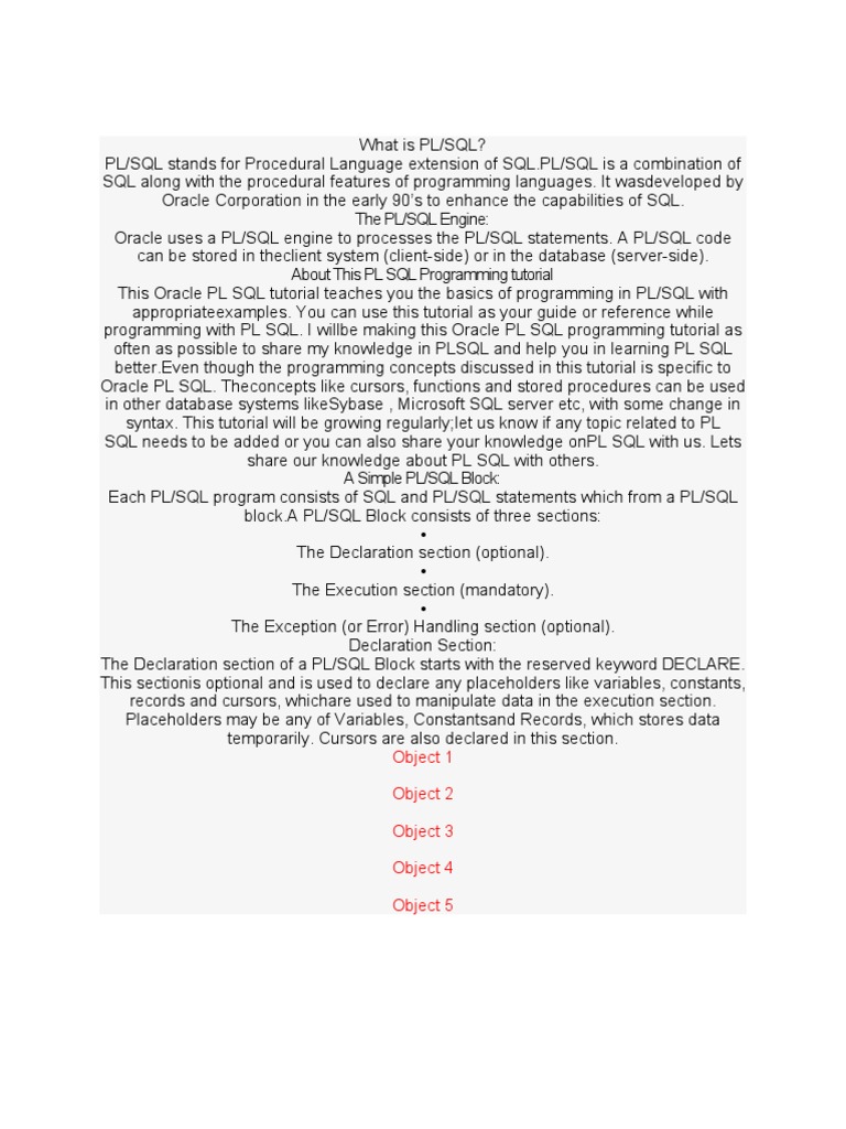 Object 1 Object 2 Object 3 Object 4 Object 5 Pdf Pl Sql Parameter Computer Programming