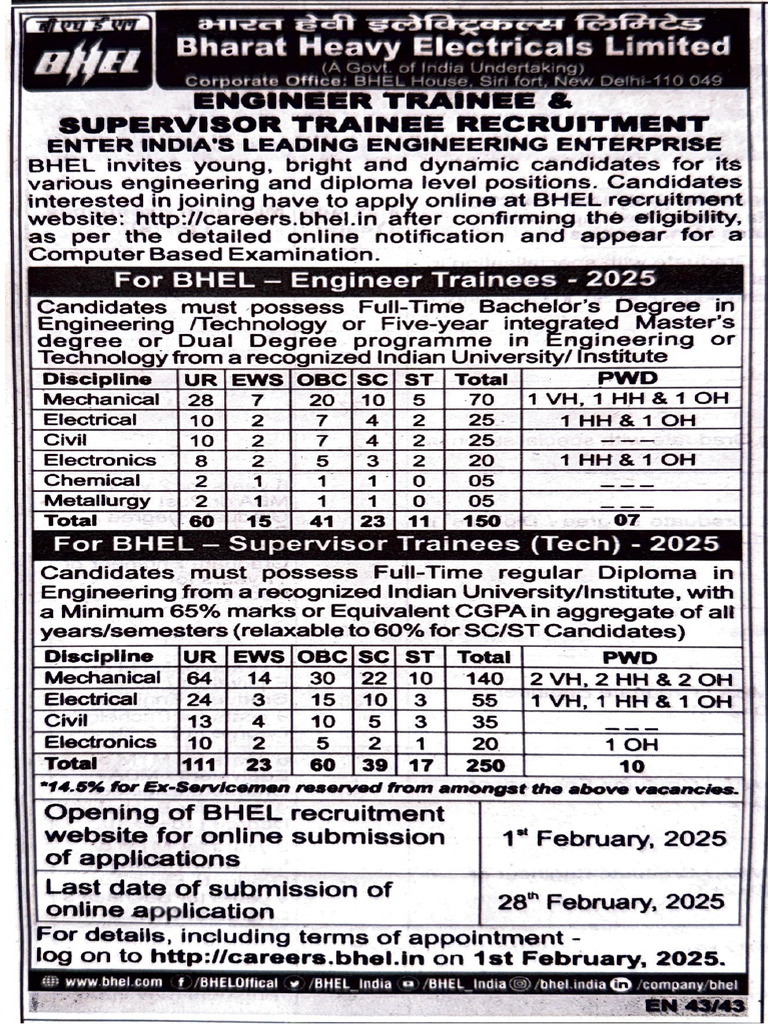 BHEL Engineer Trainee and Supervisor Trainee Short Notice 2025 | PDF