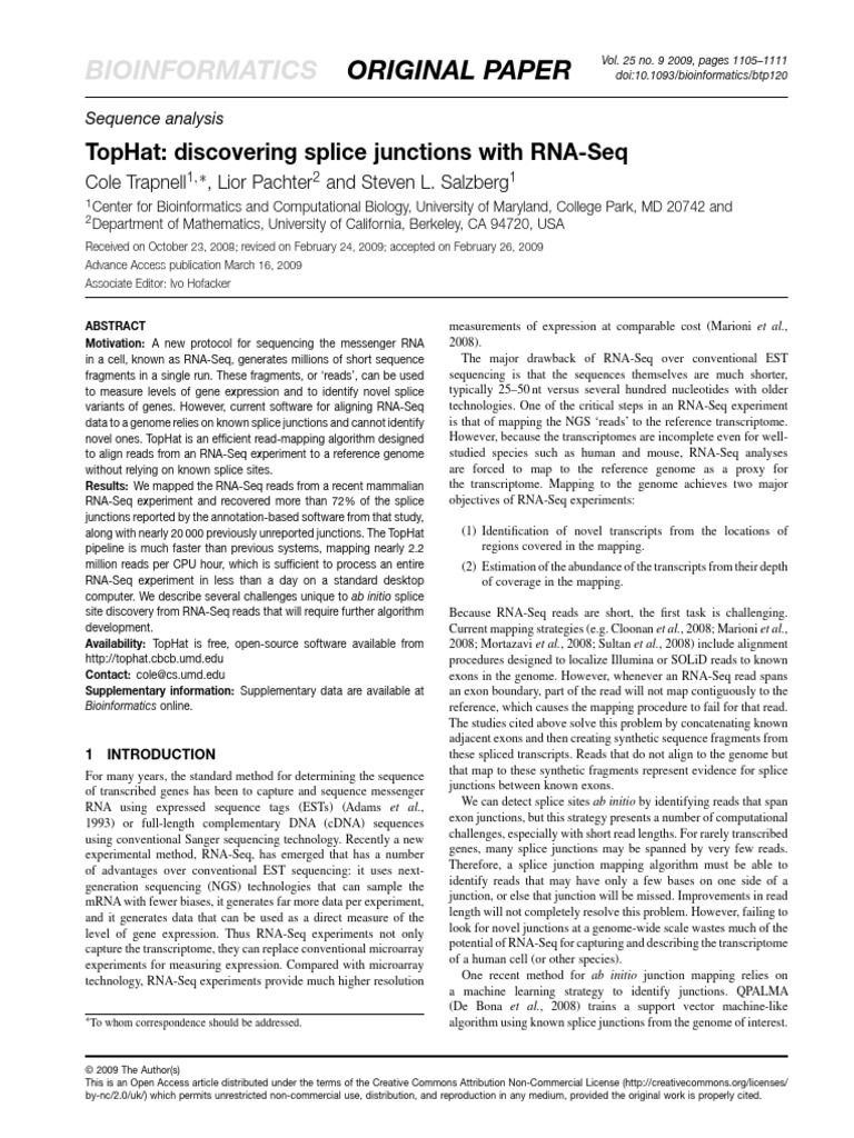 Trapnell 2024 TopHat Discovering Splice Junction Wiht RNaSeq | PDF | Dna Sequencing | Intron