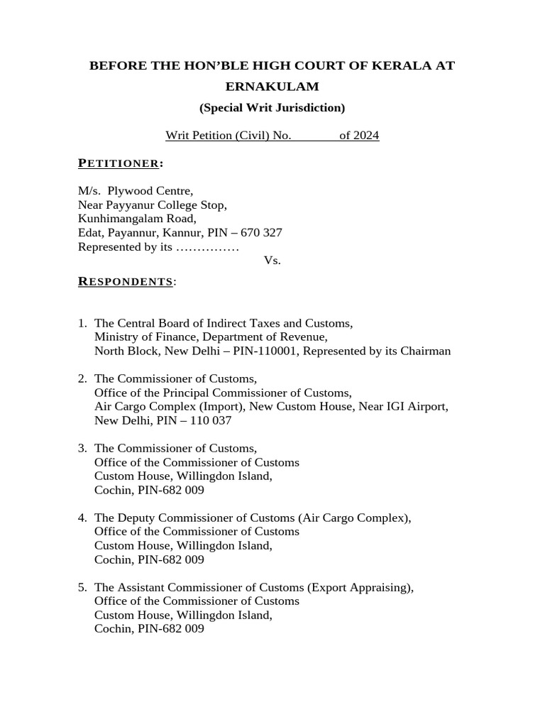 1-Writ Petition & Affidavit (Synthite) Vanila SCN | PDF | Customs | Exports