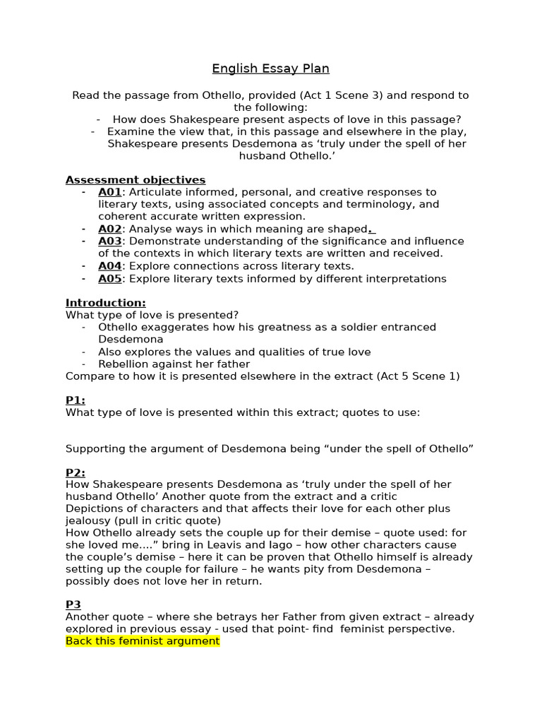 English Essay Plan - How Love Is Portrayed in Act 1 Scene 3 Othello | PDF