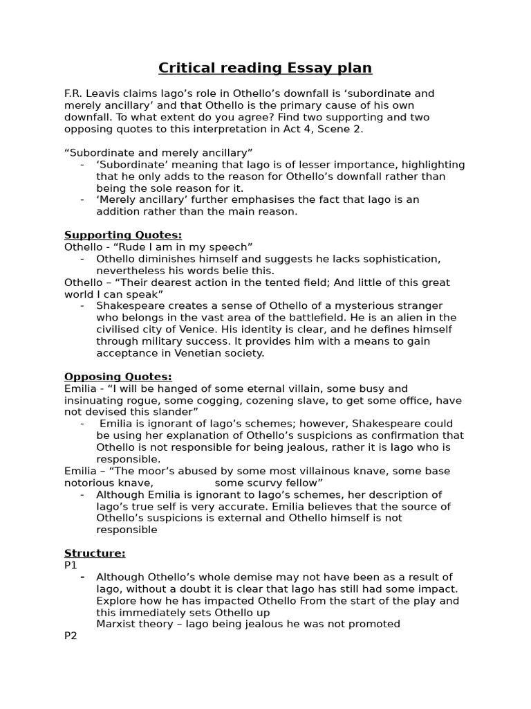 Critical Reading Essay Plan | PDF | Iago | Othello