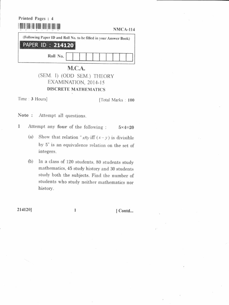 Mca 1 Sem Discrete Mathematics Nmca 114 2015 | PDF | Group (Mathematics) | Abstract Algebra