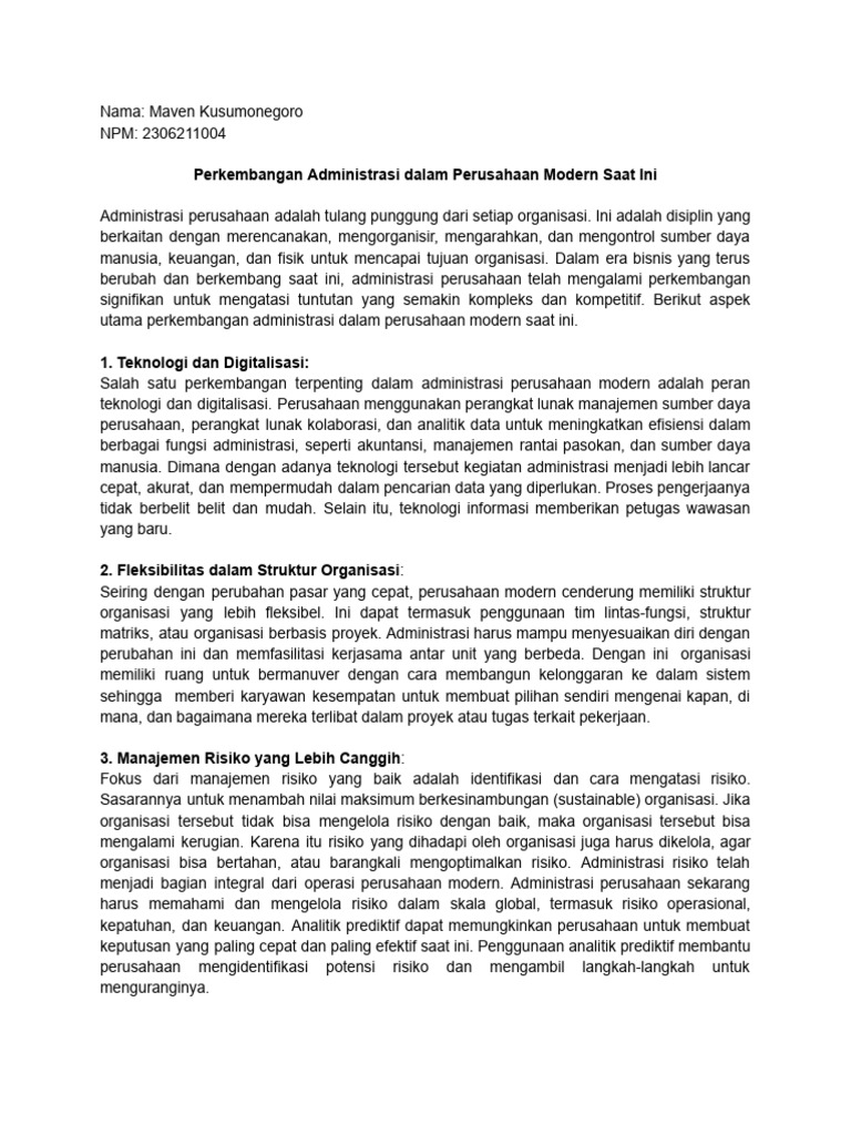 Perkembangan Administrasi Perusahaan Modern | PDF
