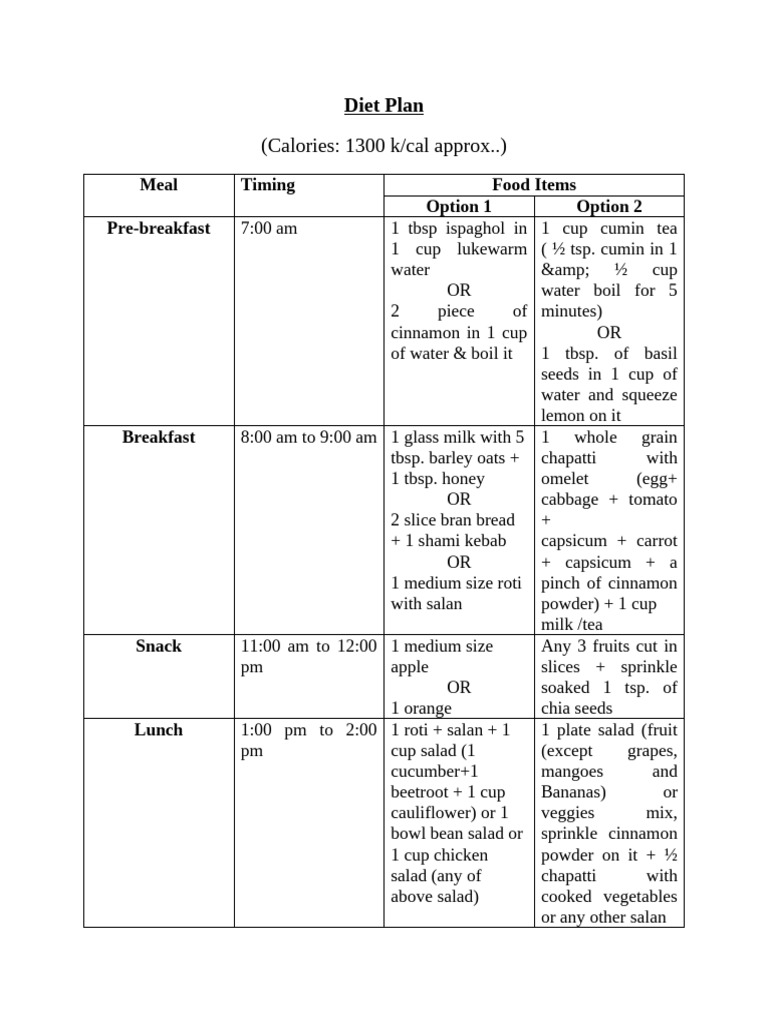 1300 Calorie Diet Plan Guide | PDF | Foods | Vegetables