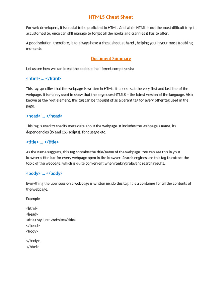 HTML5 Cheat Sheet | PDF | Html Element | Html HTML5 Cheat Sheet | PDF | Html Element | Html