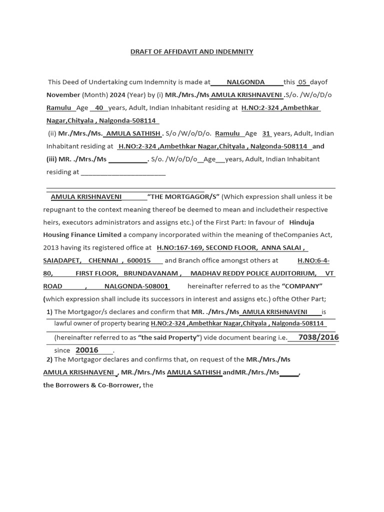 Draft of Affidavit and Indemnity | PDF | Mortgage Law | Indemnity
