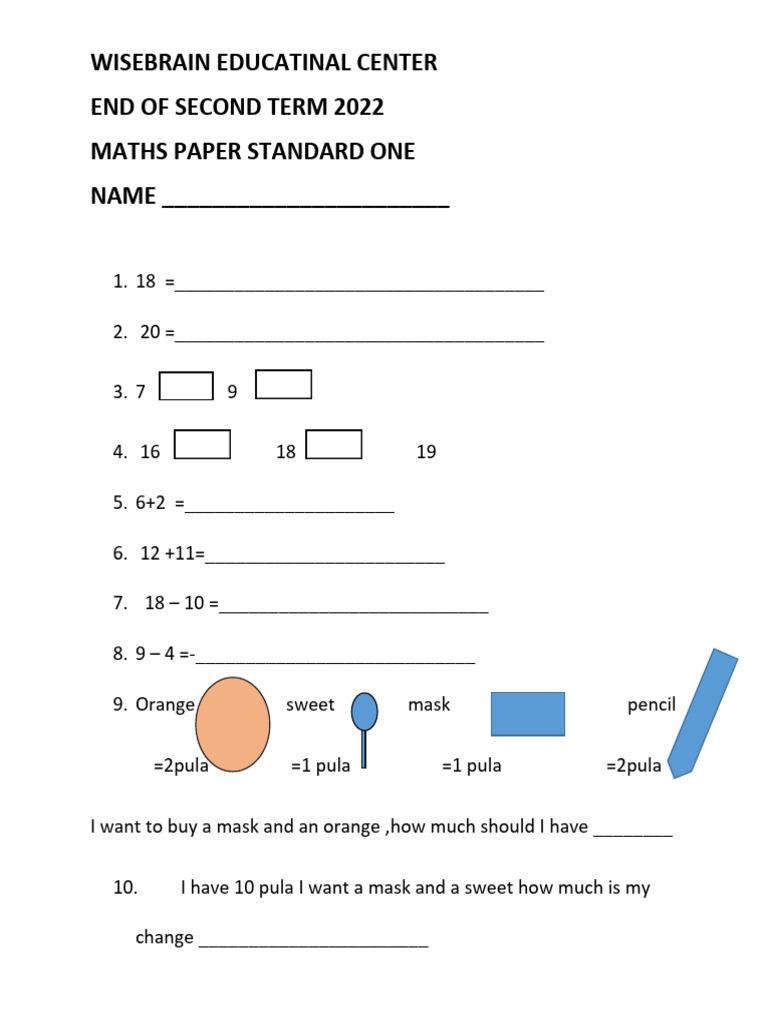 Maths Second Term STD One | PDF