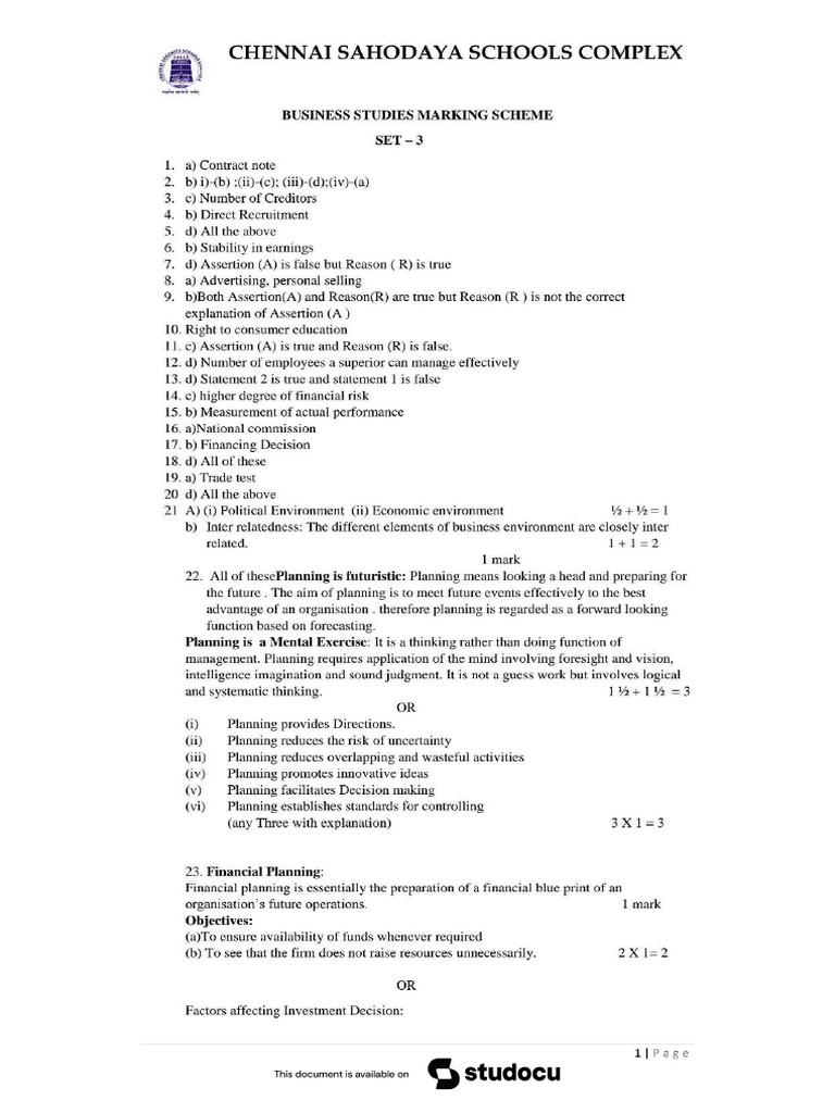 Business Studies Marking Scheme | PDF