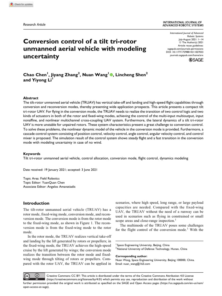 Chen Et Al 2021 Conversion Control of A Tilt Tri Rotor Unmanned Aerial ...