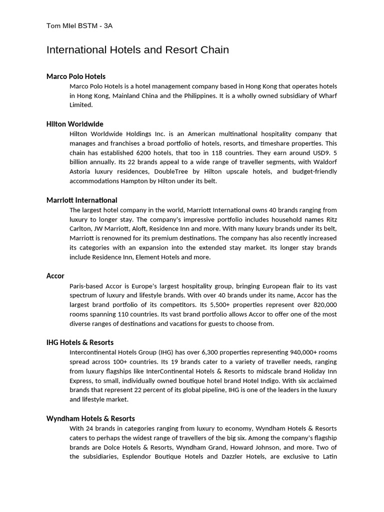 International Hotels and Resort Chain | PDF | Hotel | Hilton Worldwide