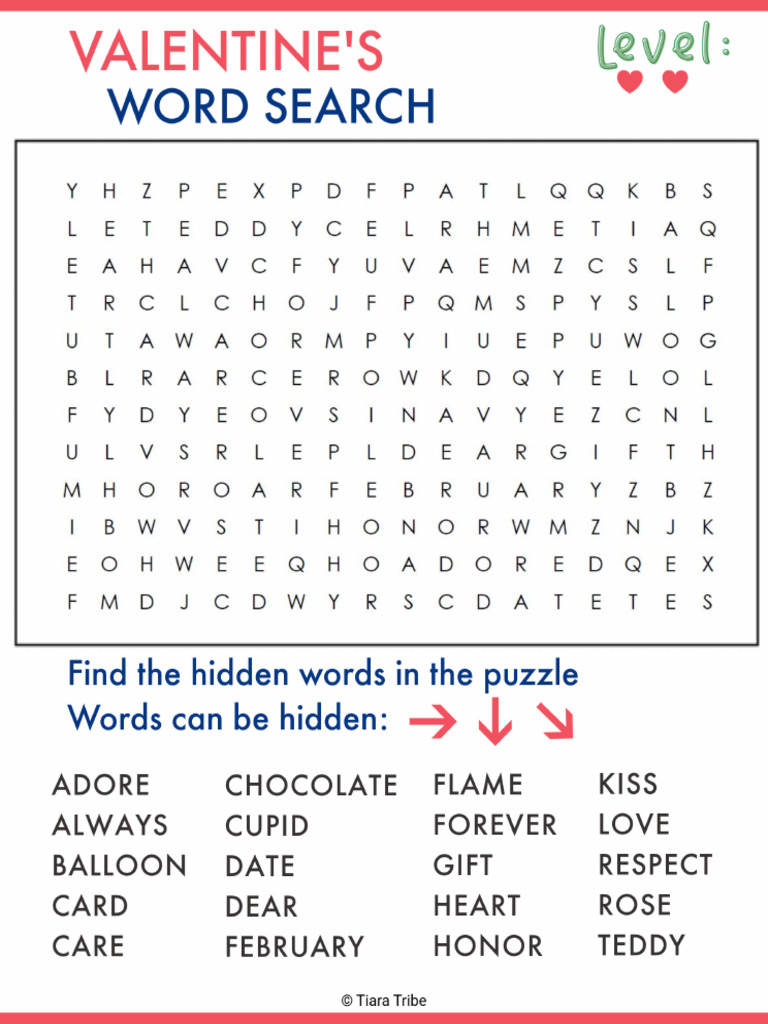 Valentines Day Word Search Level 2 Tiara Tribe | PDF
