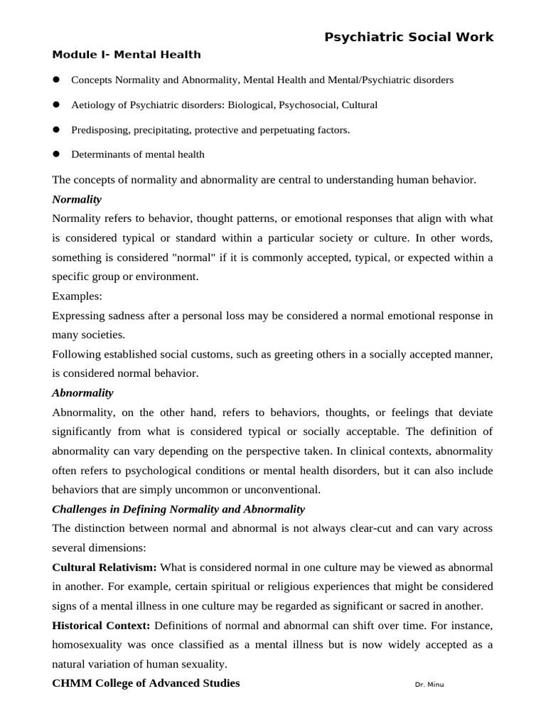 Psychiatric Social Work Module 1 | PDF | Mental Disorder | Mental Health