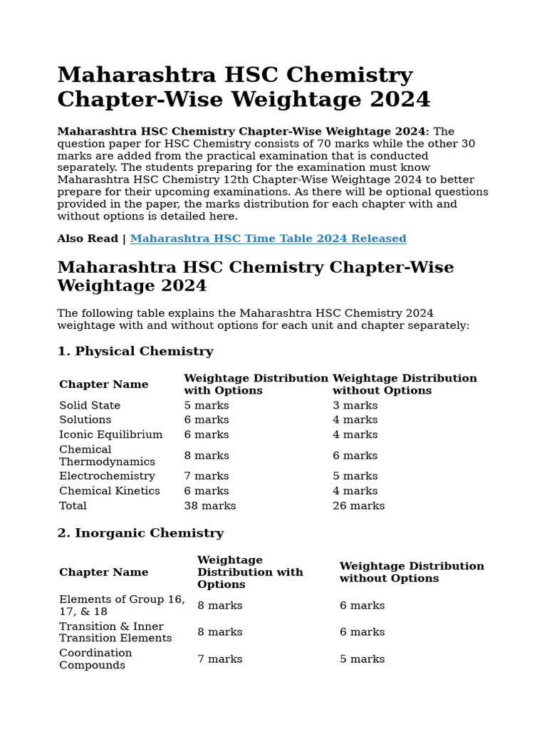 Maharashtra HSC CHEMISTRY Chapter-Wise Weightage 2024 | PDF | Chemistry ...