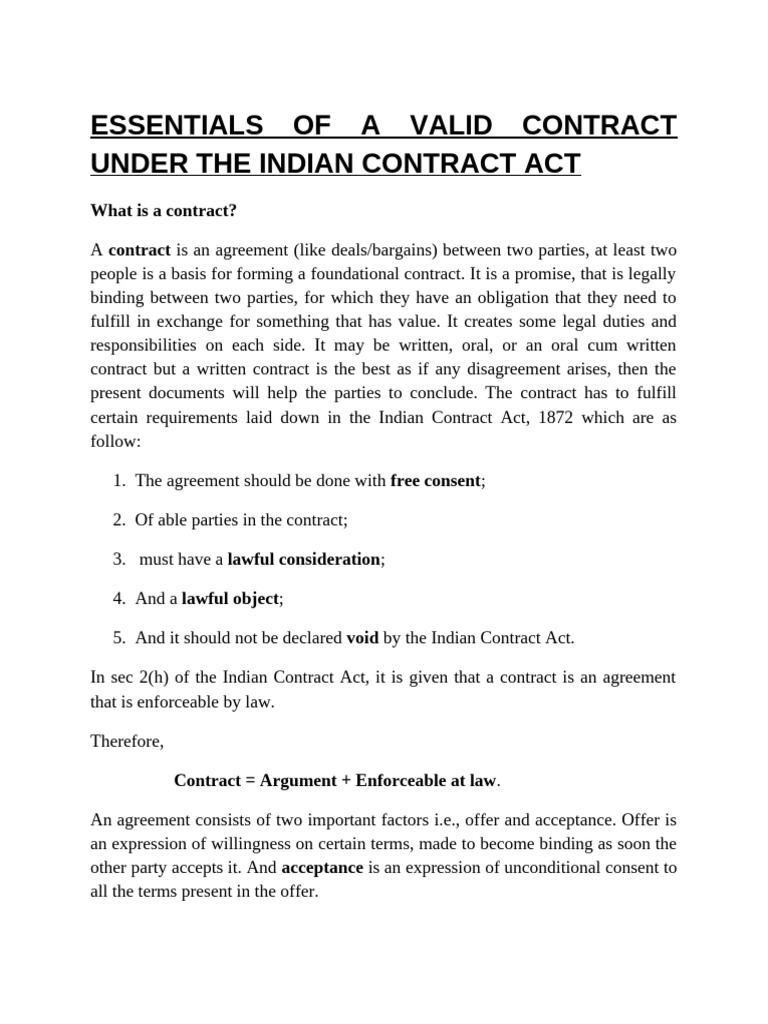 Essentials of A Valid Contract Act | PDF | Offer And Acceptance | Consideration