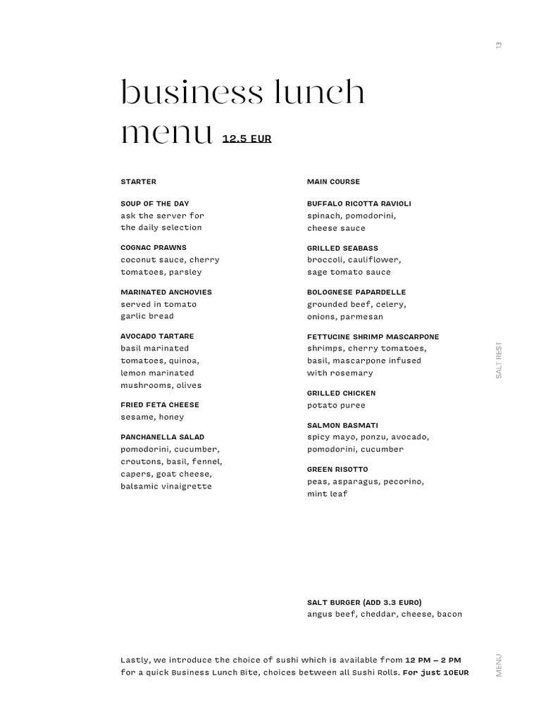 Business Lunch Menu Options | PDF
