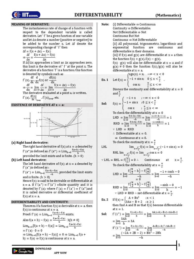Sheet - 01 - Differentiability | PDF | Derivative | Function (Mathematics)