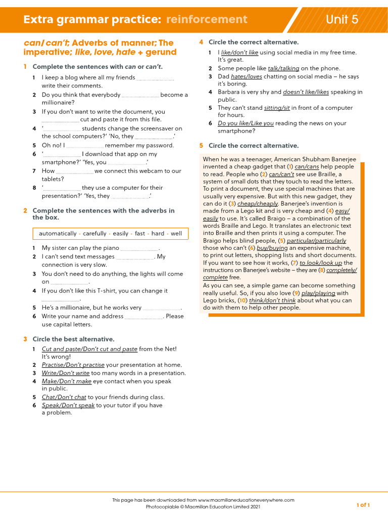 Level1 U5 Extra Grammar Practice Reinforcement | PDF | Computing