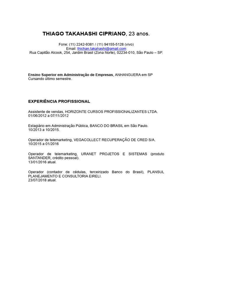 Currículo Atualizado Do Thiago | PDF