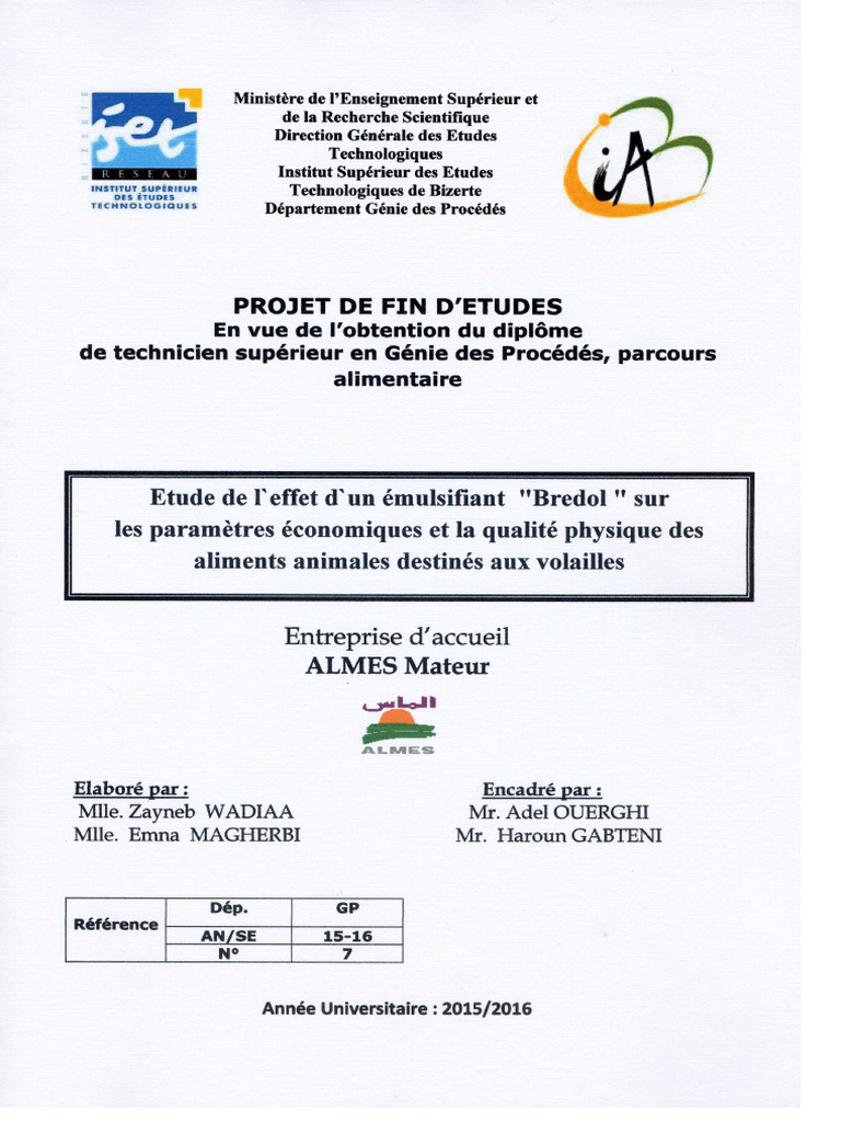 Etude de Leffet Dun C3a9mulsifiant Bredol Sur Les Paramc3a8tres ...
