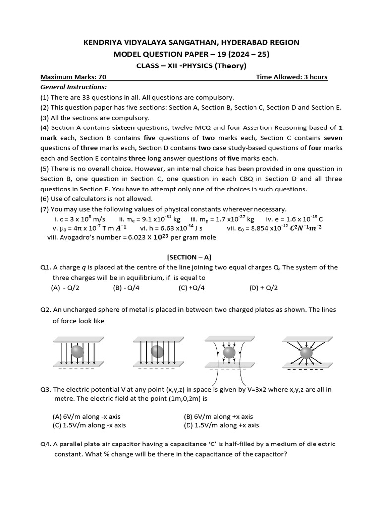 Class XII Physics Model Question Paper | PDF | Capacitor ...