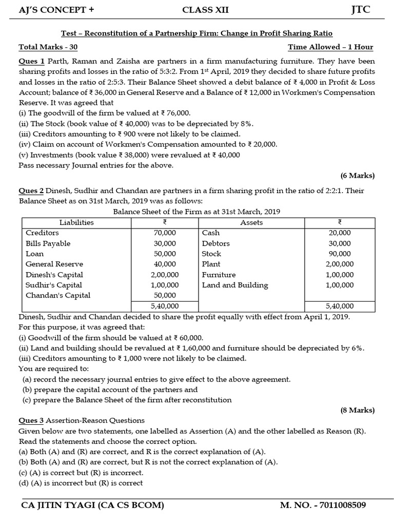 Test CH 3 Change in Profit Sharing Ratio | PDF | Book Value | Debits ...