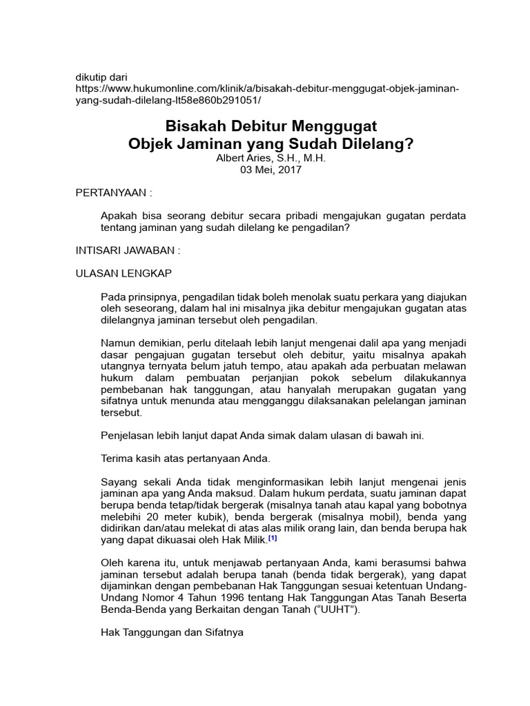 Bisakah Debitur Menggugat Objek Jaminan Yang Sudah Dilelang | PDF