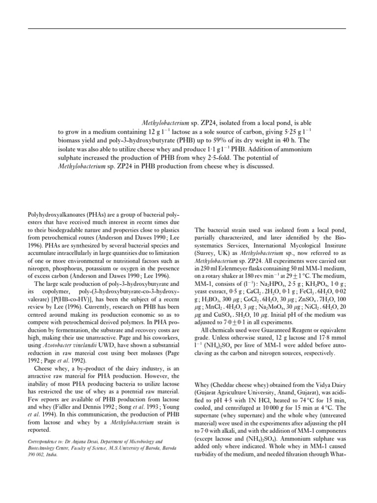 Production of Poly-3-Hydroxybutyrate From Lactose and Whey by Methylobacterium SP zp64 1998 ...