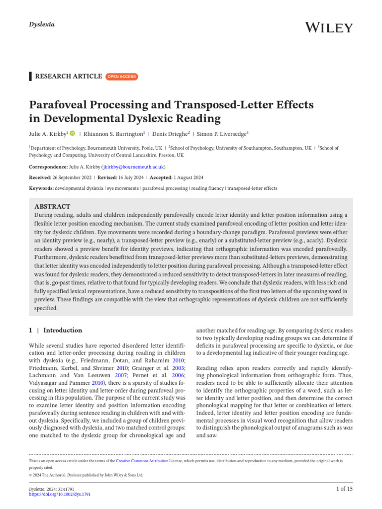 Parafoveal Processing and Transposed-Letter Effects | PDF | Dyslexia | Word