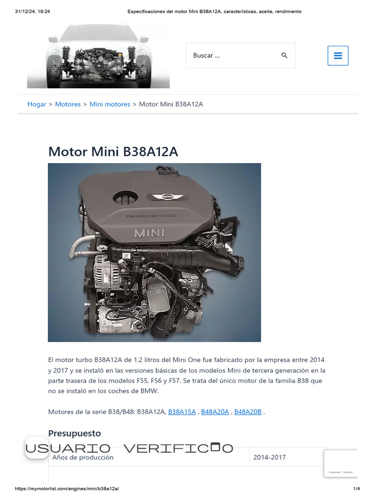 Especificaciones Del Motor Mini B38A12A, Características, Aceite, Rendimiento | PDF | Mini ...