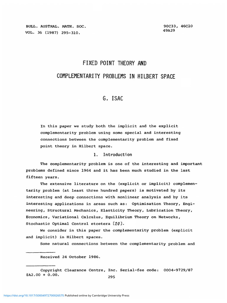 Div Class Title Fixed Point Theory and Complementarity Problems in Hilbert Space Div | PDF ...