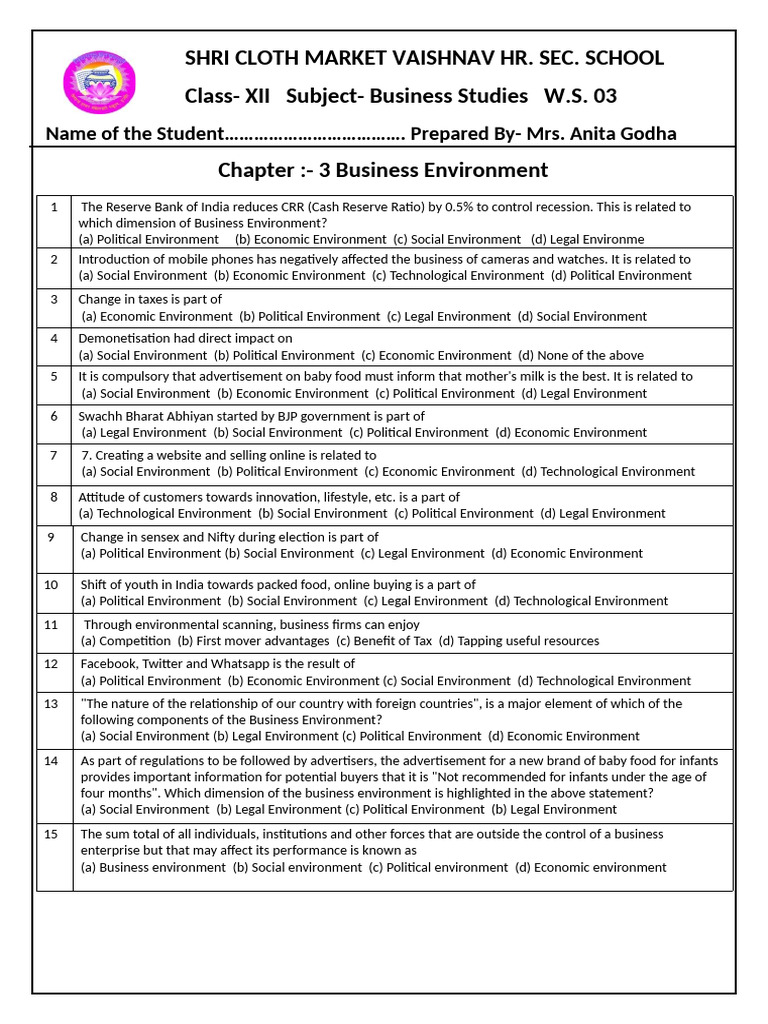 Work Sheet For Business Studies Class XII For Students | PDF ...